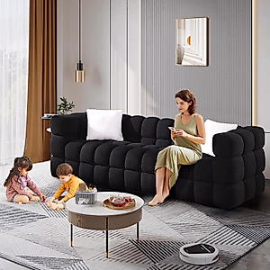 84.3" 3 Seater Modern Sofa Couch, Comfy Upholstered Living Room Sofa with 2 Pillows, Comfy Boucle Sofa with Solid Metal Legs, Contemporary Furniture Tufted Cloud Couch for Waiting Room, Office, Black