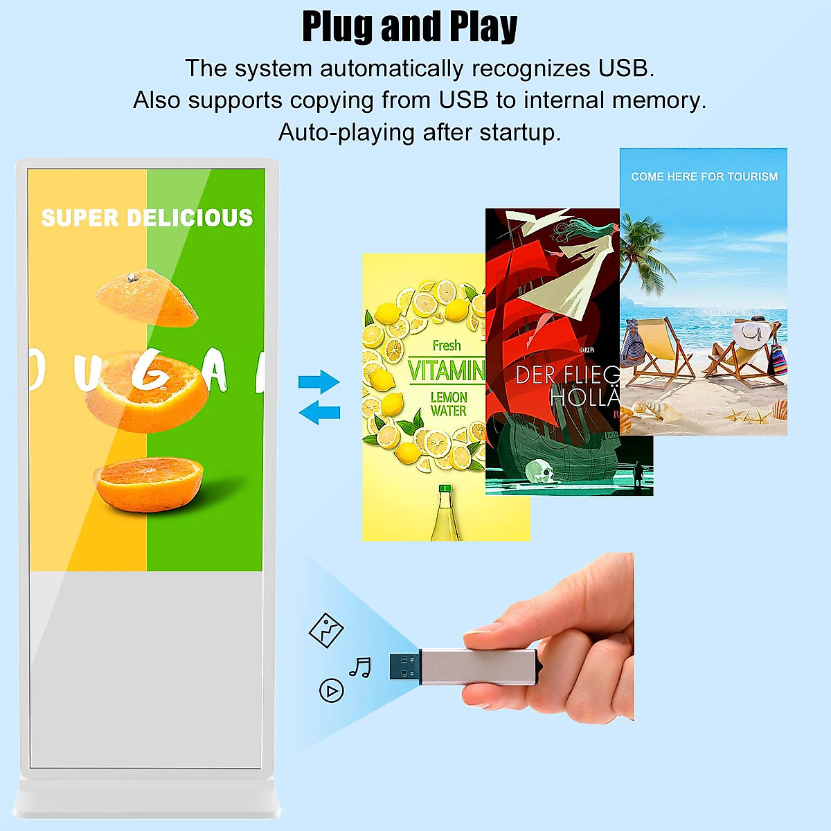 55 Inch Digital Signage Kiosk Non-Touchscreen,2GB+16GB Android 11,Floor Standing LCD Digital Signage, Commercial Interactive Advertising Display Screen, Digital Signage with Auto Media Player White