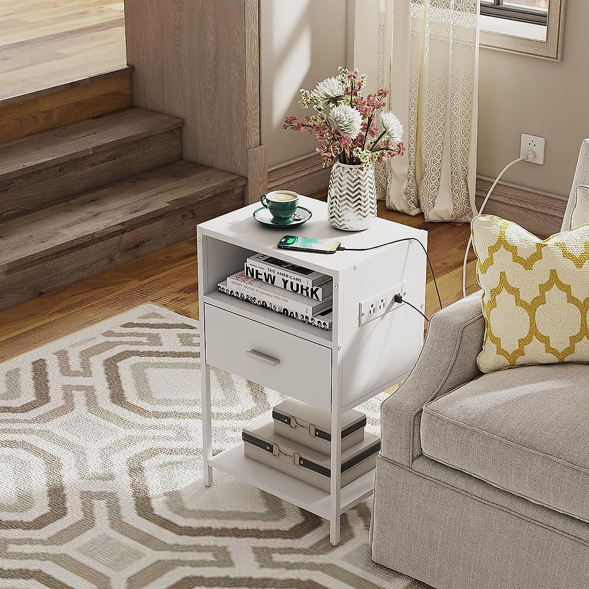 LDTTCUK Nightstand with Charging Station, Modern End Table with Drawer, White Bedside Table with Open Storage for Bedroom