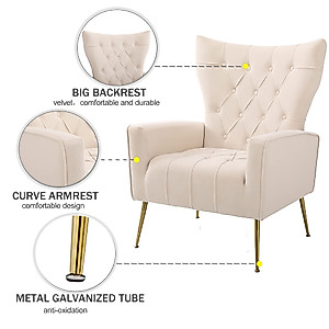 Modern Velvet Accent Chair with Ottoman, Elegant Wingback Armchair with Gold Metal Legs, Comfy Upholstered Single Leisure Sofa Reading Chair for Living Room Bedroom Club Apartment Home Office (Beige)