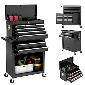 8-Drawer Rolling Tool Chest & Portable Tool Box with 2 Handles, Lockable Rolling Tool Box with 4 Hooks, Large Capacity Garage Storage Tool Cabinet for Warehouse, Repair Shop(Black)