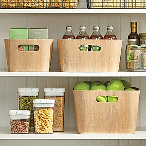 mDesign Wood Print Food Bin Box with Handles - Rustic Basket for Kitchen and Pantry Vegetable and Potato Storage - Perfect for Garlic, Onions, Fruit, and More - 12" Long - 4 Pack - Natural