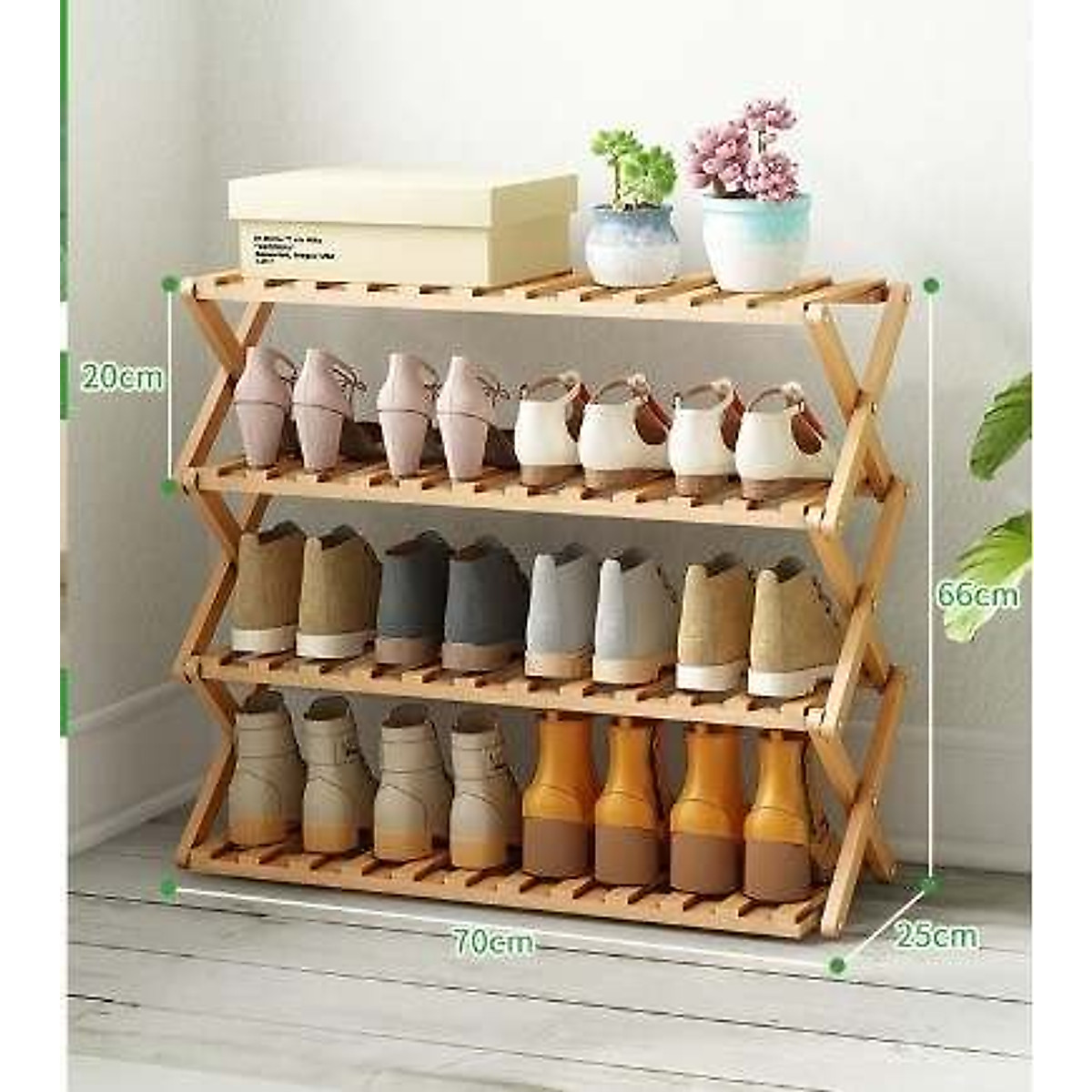 Mandorra Bamboo Shoe Rack 4 Tier Space Saving Free Standing Shoe Shelf No Assembly Foldable Shoe Rack Storage Organizer for Closet Hallway Bathroom Living Room Bedroom, Balcony, Folding (Natural)
