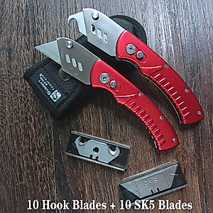 Utility Knife/Box Cutter/Electrician knife/Carpet knife Folding with Safe Lock-Back+Nylon Pouch+10 Extra SK5 Replacement Blades+10 Utility Hook Razor Blades Red