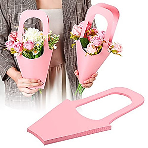 Sabary 24 Pcs Kraft Paper Flower Gift Bags Bouquet Bags with Handle Flowers Wrapping Gift Packaging Wrap Tote for Valentine's Day Florist Wedding Party Home Decoration (Pink)