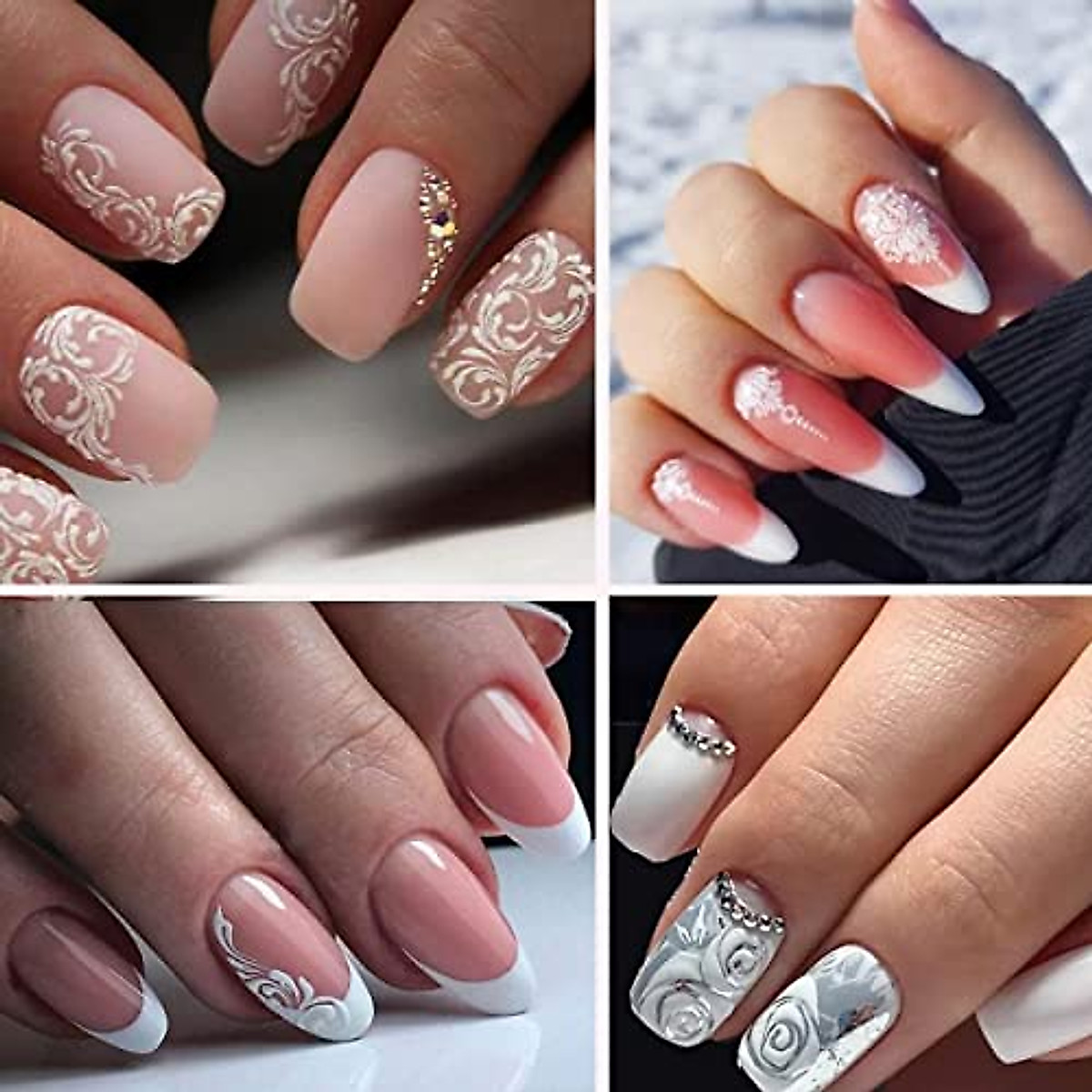 Flower Nail Art Stickers Decals, 8 Sheets 5D Engraved Flower Nail Decals White Wedding Nail Art Accessories French Tips Nail Designs Self Adhesive Lace Flower Carving Nail Stickers for Women Girls