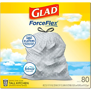 GLAD ForceFlex Tall Drawstring Trash Bags, 13 Gallon Grey Trash Bags for Tall Kitchen Trash Can, Fresh Clean with Febreze Freshness to Eliminate Odors, 80 Count - Packaging May Vary