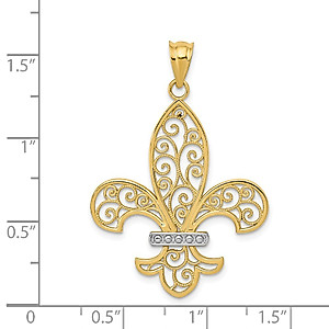 Solid 14k Yellow Gold Two Toned Filigree Fleur de Lis Pendant Charm - 40mm x 25mm