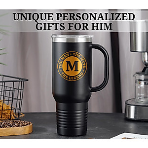 the Man the Myth the Legend, Monogrammed 40oz Tumbler with Handle for Men, Funny Personalized Travel Mug, Unique Birthday Christmas Gifts for Him, D