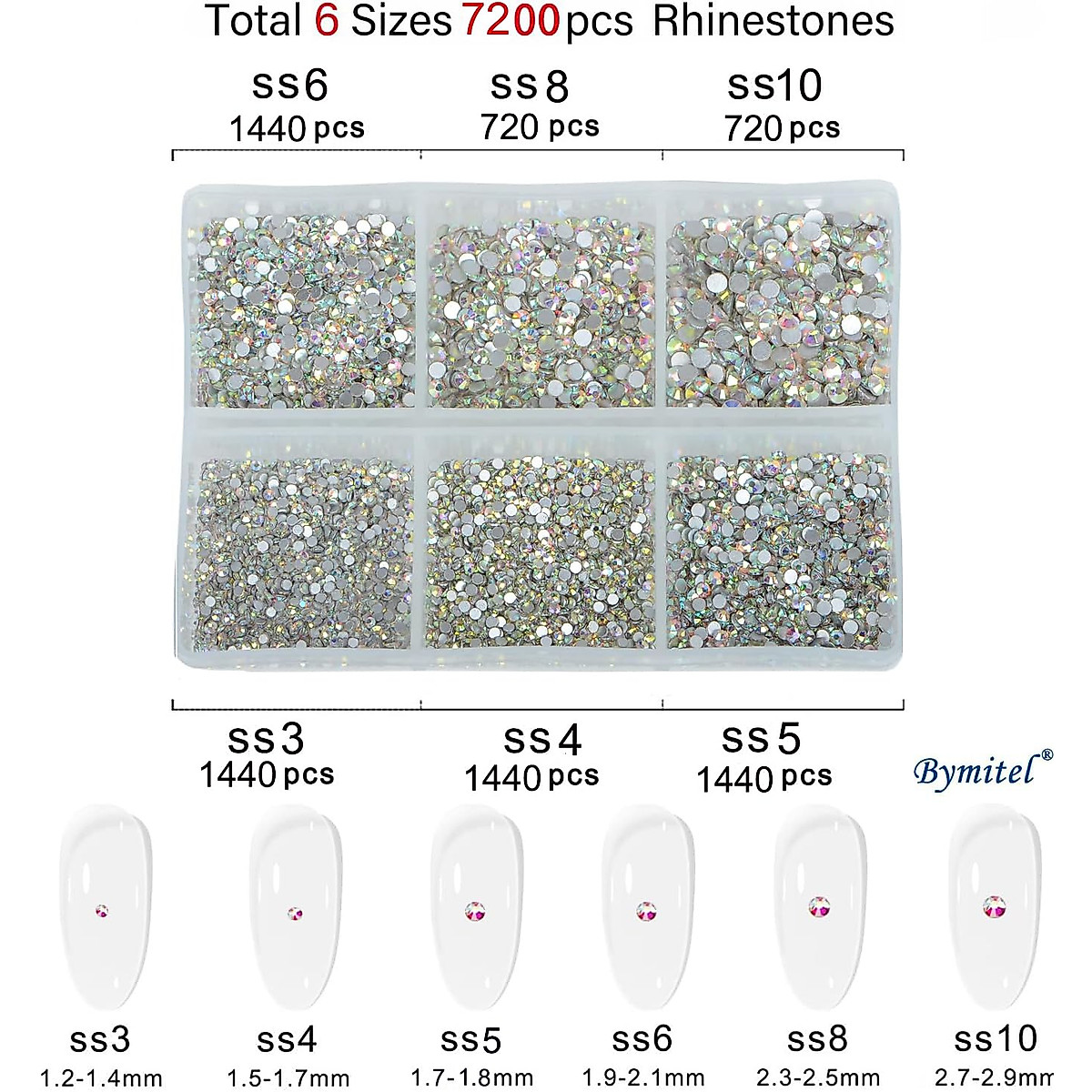 Bymitel 7200 Pieces 6 Mixed Sizes Glue Fix on Glass Rhinestones Round Crystal Gems Flatback for DIY Jewelry Making with one Picking Pen (6-Sizes 7200PCS, Crystal AB)
