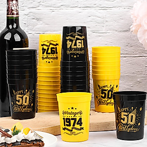 Shojoy 40 Pack Happy 50 Birthday Party Cups Black and Gold Birthday Stadium Cups 8 Ounces Reusable Plastic Tumblers for Birthday Anniversary Party Supplies Decors