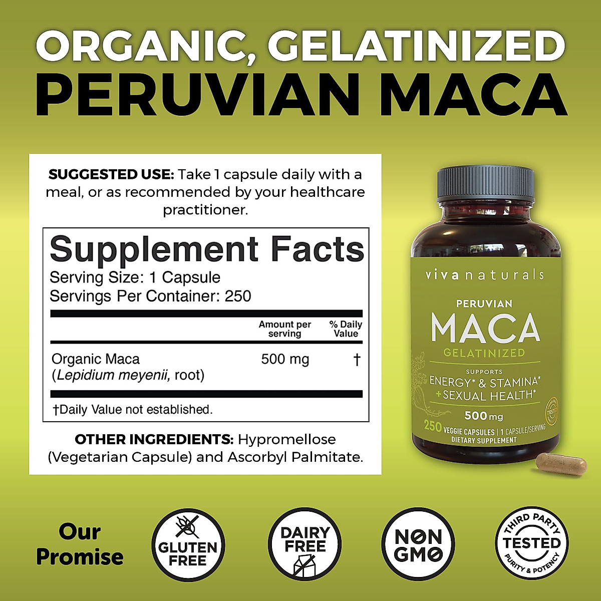 Peruvian Maca Root Supplement for Women & Men, 500mg - Traditionally Used to Support Sexual Well-Being, Stamina & Endurance - 250 Yellow Maca Root Powder Capsules