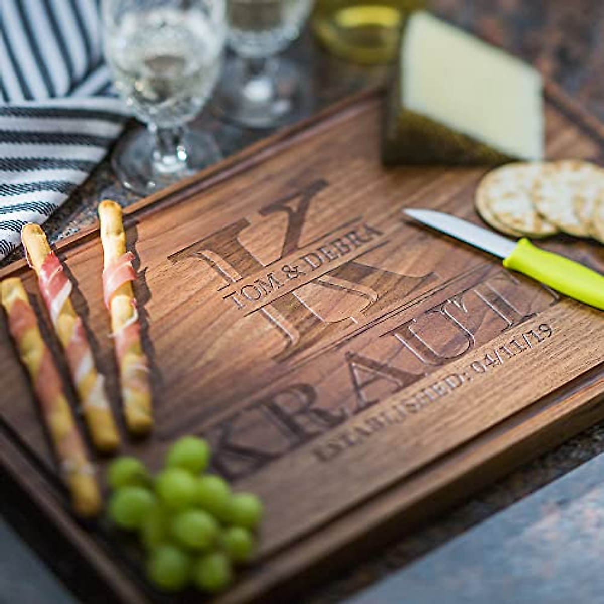 Personalized Walnut Cutting Board - Custom Wooden Walnut Cutting Boards for Couples Wedding, Anniversary, Housewarming Gift - Family Name Date Engraved and USA Made - Customizable Kitchen Decor Gifts