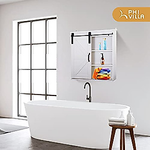 PHI VILLA Farmhouse Bathroom Wall Cabinet with Sliding Barn Door Medicine Storage Cabinet Wall Mounted with 3-Tier Rustic Storage Cabinet for Bathroom Furniture, White(Bathroom Shelves Included)