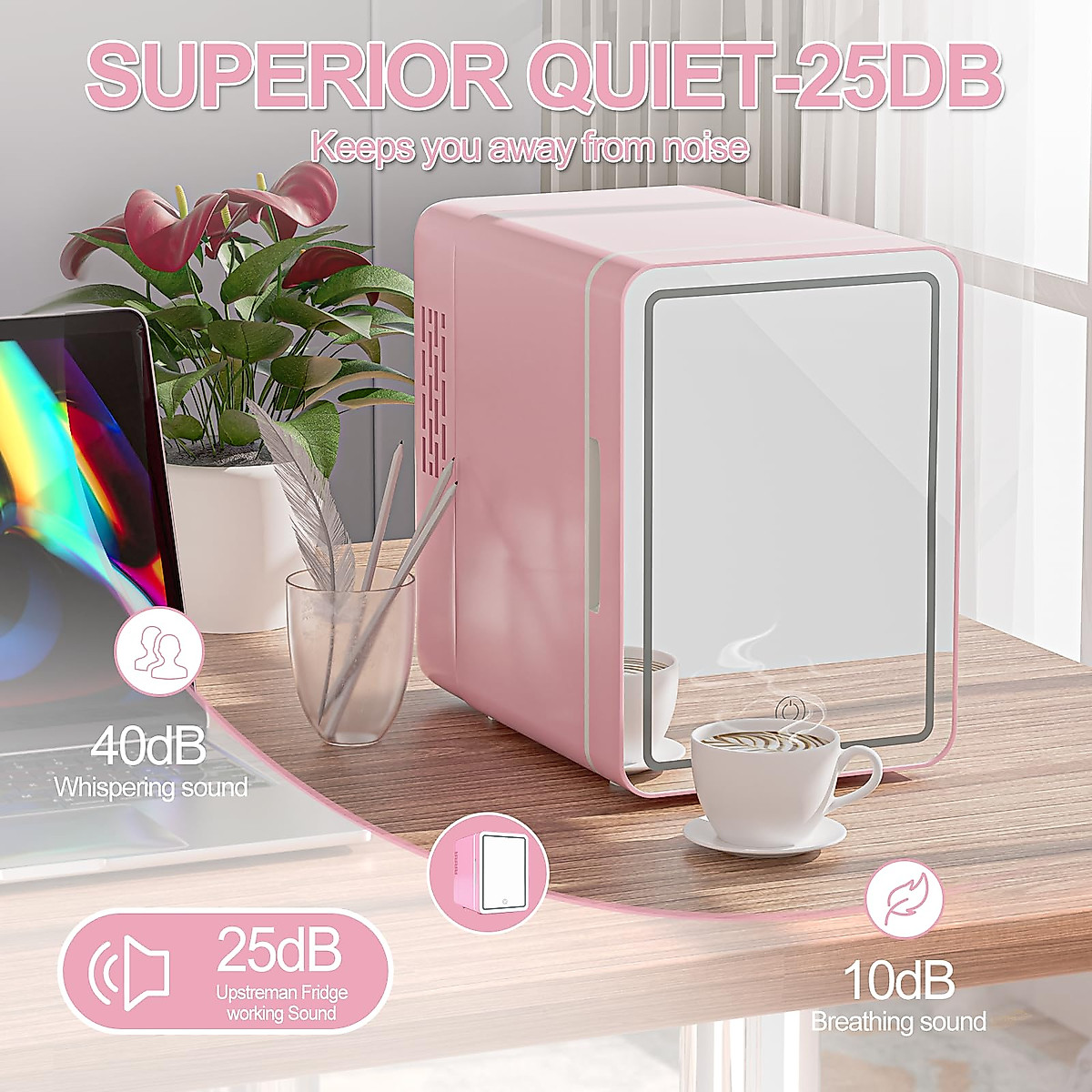 SPECILITE Mini Fridge for Skin Care, Portable Beauty Fridge with Mirror and LED Lighting (4 Liter/6 Can) Cooler and Warmer, Personal AC/DC Refrigerator for Skincare, Makeup, Beverage, Office, Bedroom (Pink)