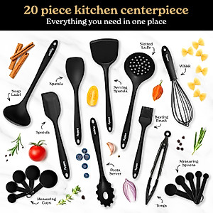 Silicone Kitchen Utensils Set & Holder: Cooking Utensils Set - Kitchen Essentials for New Home & 1st Apartment- Silicone Spatula Set, Cooking Spoons for Nonstick Cookware (Silicone, Black)