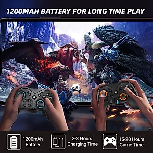 arVin Wireless Gaming Controller for iPhone/iOS/Android/PC/Steam/Switch Controllers Bluetooth Gamepad Joystick with 4 Back Button/Turbo/6-Axis Gyro/Dual Motors/RGB Light/Phone Holder/1200mAh Battery