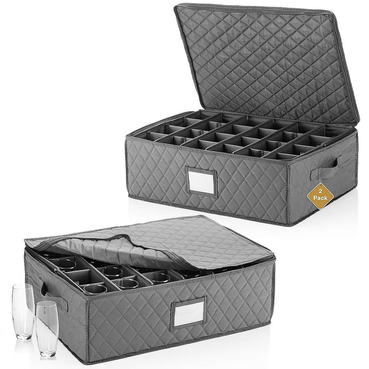 2 Pack - China Cup Storage Chest with 48 Compartments Total - 19" x 13" x 6.5"H - Customizable Dividers to Accommodate Different Glassware and Bar Glasses - Hardshell on Sides and Bottom - Gray
