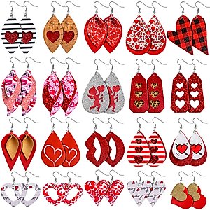 20 Pairs Valentine's Day Leather Earrings for Women Lightweight Faux Leather Teardrop Dangle Earrings Heart-Shaped Print Drop Earrings Set for Valentine's Day Wife Mom Girlfriend