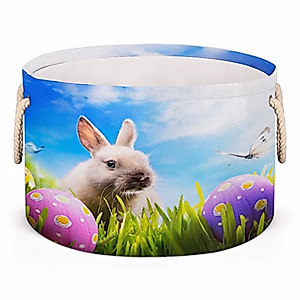 Easter Bunny Rabbit Eggs (10) Large Round Baskets for Storage Laundry Baskets with Handles Blanket Storage Basket for Bathroom Shelves Bins for Organizing Nursery Hamper Girl Boy