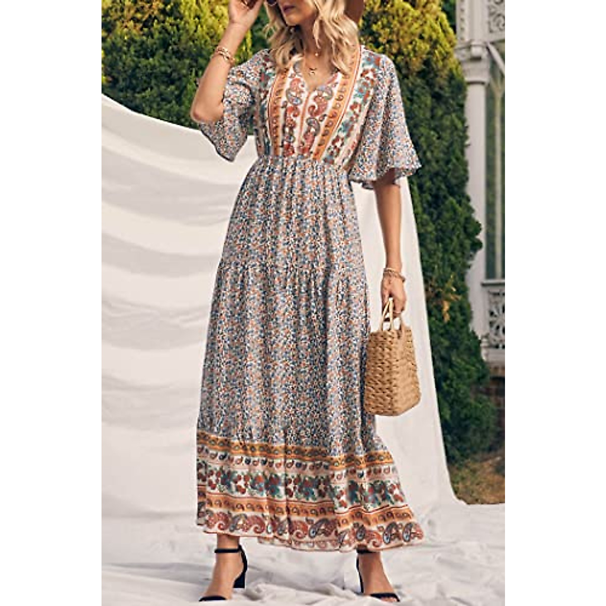 PRETTYGARDEN Women's Casual Summer Boho Floral Print Dress V Neck Short Sleeve High Waist Long Maxi Beach Dresses (White Floral,Medium)