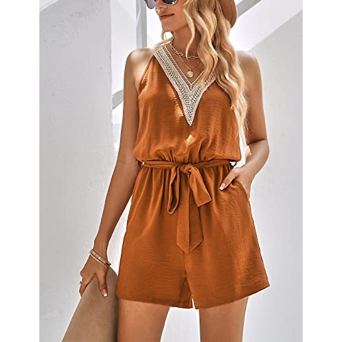 Wyeysyt Women's Sexy V Neck Romper Sleeveless 2023 Summer Fashion Casual Waist Tie Short Jumpsuit with Pocket(Caramel-XL)