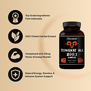 Tongkat Ali 200:1 (Longjack) Extract for Men, 2000mg Per Serving, 150 Capsules, Indonesia Origin, Eurycoma Longifolia | with Panax Ginseng for Energy, Stamina, & Male Health Support