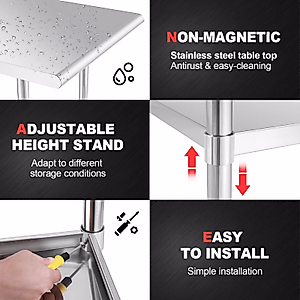 Land Guard Stainless Steel Prep Table - Commercial Work Table with Adjustable Undershelf, Scratch Resistent and Easy to Install Metal Table for Restaurant, Hotel, Home, Garage…