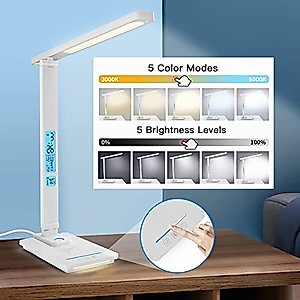 LED Desk Lamp with Wireless Charger, USB Charging Port, Desk Lamps for Home Office with 2 Night Lights & 5 Color Modes & 5 Brightness, Touch Control Desk Light with Clock, Alarm, Date, Temperature