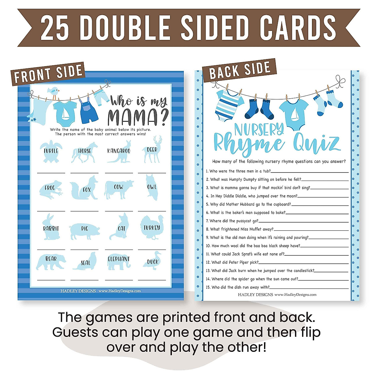 25 Blue Animal Matching, 25 Nursery Rhyme Game, 25 Word Scramble For Baby Shower, 25 True Or False Game, 25 Who Knows Mommy Best, 25 Baby Prediction And Advice Cards - 6 Double Sided Cards