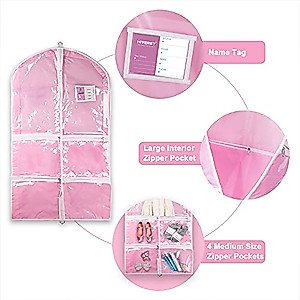 Hiverst Dance Garment Bag with Zipper Pockets Set, Dance Costume Recital Competition Bags Caddy, 38" Hanging Pink Dress Cover Wardrobe Storage Bag Pack with Clear Window for Kids, Girl Dancer…