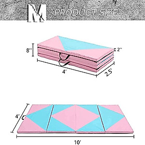 PanAme Folding Gymnastics Exercise Mats, 10’x4’x2” Thick Gymnastics Tumbling Mats, Lightweight Gymnastics Panel Mat with Carrying Handle for MMA, Yoga, Home Gym, Fitness (Pink)