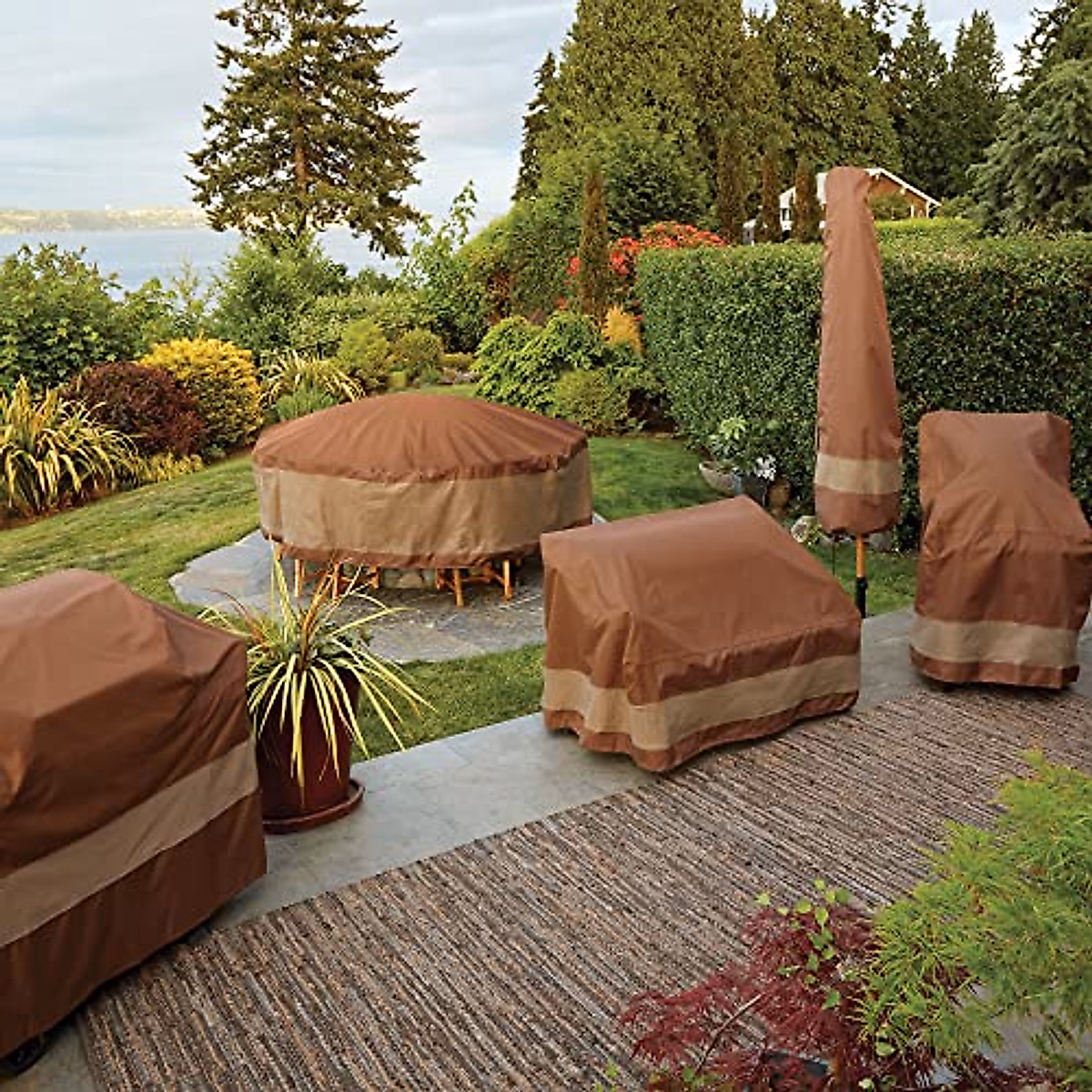 Duck Covers Ultimate Waterproof 108 Inch Rectangular/Oval Patio Table & Chair Set Cover with Umbrella Hole, Outdoor Table Cover