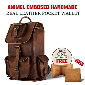 PLW 24" Inch Leather Backpack for Men | Handmade Vintage Brown Leather Laptop Backpack | Adjustable Leather Rucksack Knapsack Camping Travel Bag for Women