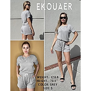 Ekouaer Ribbed Knit Lounge Sets for Women 2 Piece Outfits Short Sleeve Top and Shorts Pajama Sets Tracksuit Sweatsuits Grey