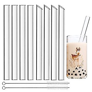 8Pcs Reusable Glass Boba Straws, 14mm Extra Wide Clear Smoothie Straws for Bubble Tea, Eco-friendly Drinking Straws with cleaner brush, Box Pack