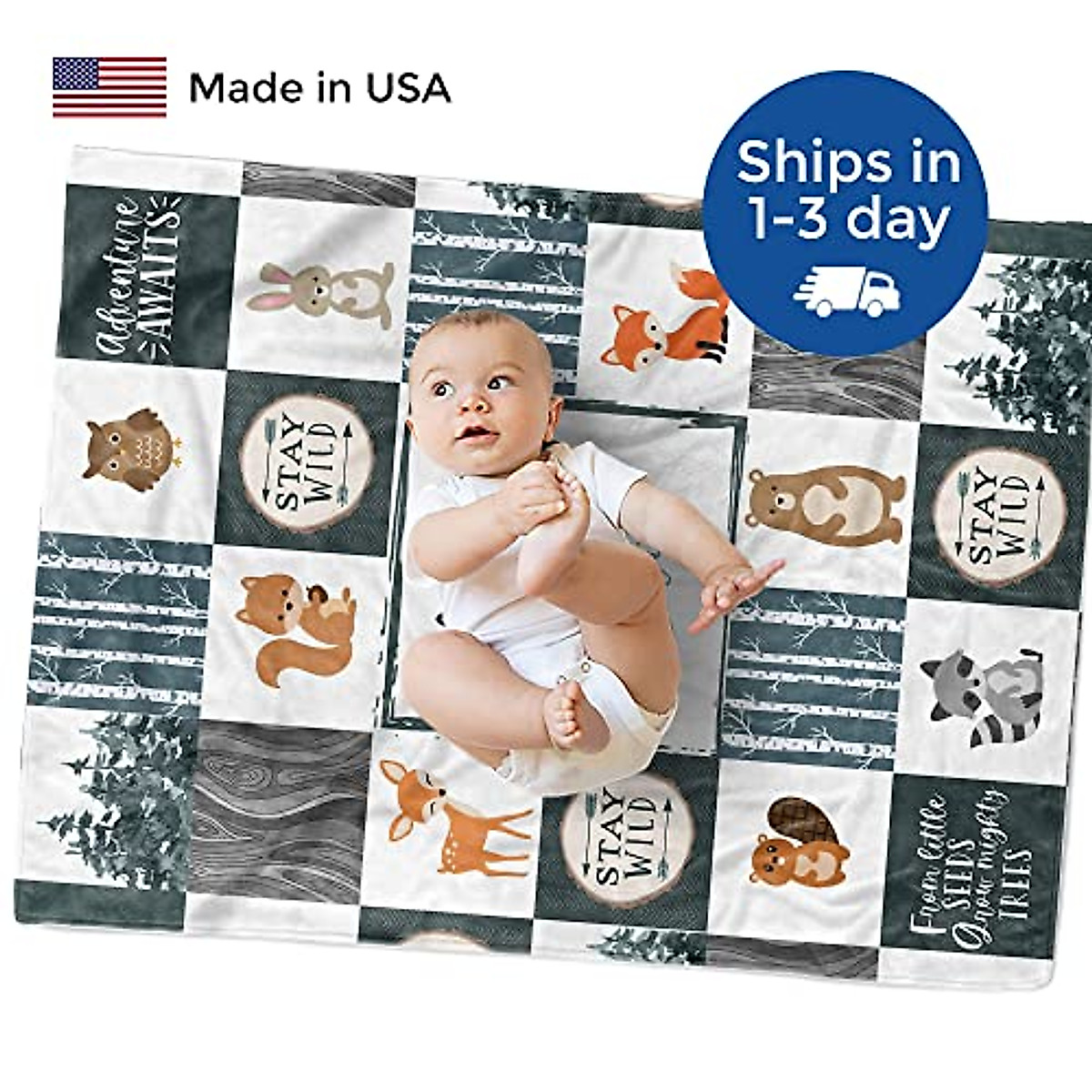 MDPrints Woodland Personalized Baby Blankets - Custom Baby Blanket with Name for Boys - Soft Plush Fleece (Woodland 214b)
