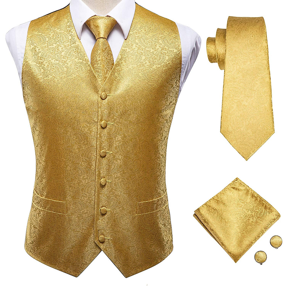Hi-Tie Men's Gold Paisley Suit Vest and Tie Set Formal 4pc Silk Dress Waistcoat Necktie and Pocket Square Set for Wedding Party or Tuxedo