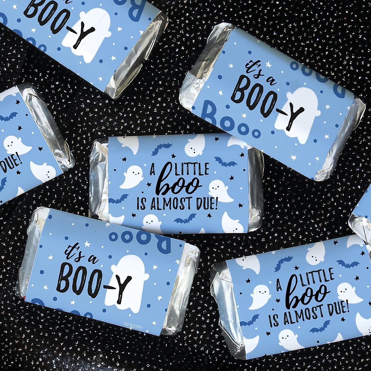 Blue A Little Boo is Almost Due Boy Baby Shower Wrappers for Mini Chocolate Bars, Halloween Baby Shower Party Favor Candy Stickers - 45 Count