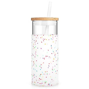 tronco 20 oz Glass Tumbler Glass Water Bottle Straw Silicone Protective Sleeve Bamboo Lid - BPA Free (Colored spots /1pack)