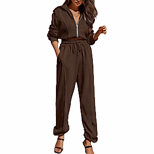PRETTYGARDEN Women's 2 Piece Tracksuit Outfits Long Sleeve Zip Up Sweatshirt Drawstring Sweatpants Lounge Set (Coffee,Large)