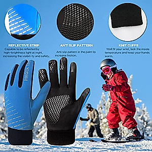 FINGER TEN Kids Winter Gloves Waterproof with Free Neck Warmer Boys Girls Touchscreen for Cold Weather Outdoor Sports (Blue, Large)