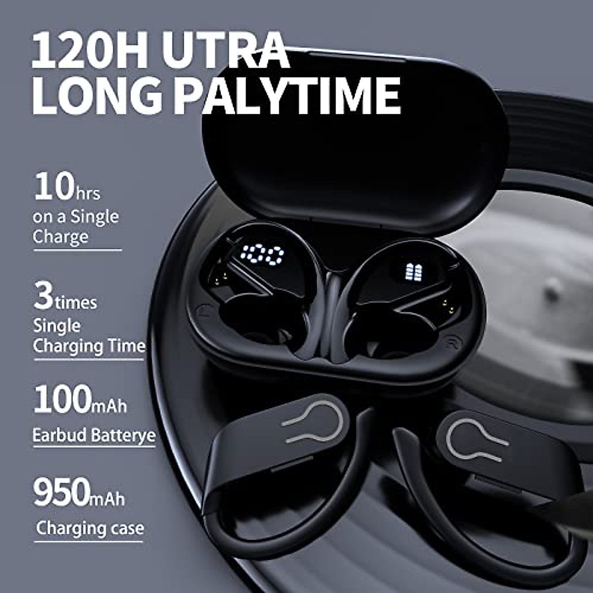 Wireless Earbuds Bluetooth 5.3 Headphones 120Hrs Playtime Wireless Charging Case Digital LED Display Over-Ear Earphones with Earhook Waterproof Headset with Microphone for Sport Running Workout