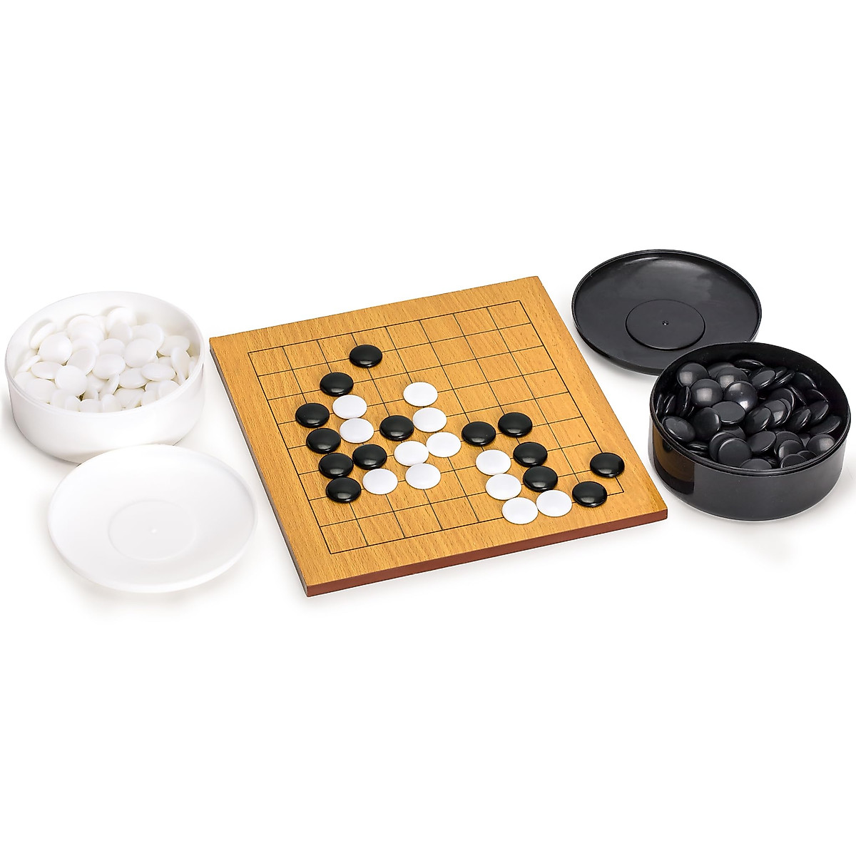 Yellow Mountain Imports Beechwood Veneer 0.4-Inch Etched Beginner's 9x9 Go Game Set Board with Single Convex Melamine Stones - Classic Strategy Board Game (Baduk/Weiqi)