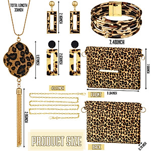 Sotiff 5 Pcs Women Leopard Jewelry Set Statement Leopard Clutch Purse Earring Leather Wrap Bracelets Long Tassel Pendant Necklace (Classic)