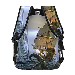 EVANEM Octopus Pirate Ship Printed Laptop Backpack Casual Backpack Lightweight Travel Backpack Hiking Backpack Work Backpack For Aldult