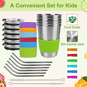 Kids Cups with Straw and Lid Spill Proof, 304 Stainless Steel Drinking Tumbler with Coasters, Unbreakable Water Glasses, BPA-Free Metal Sippy Mug for Toddler , Children, Adult, Travel Cups (6Pack)