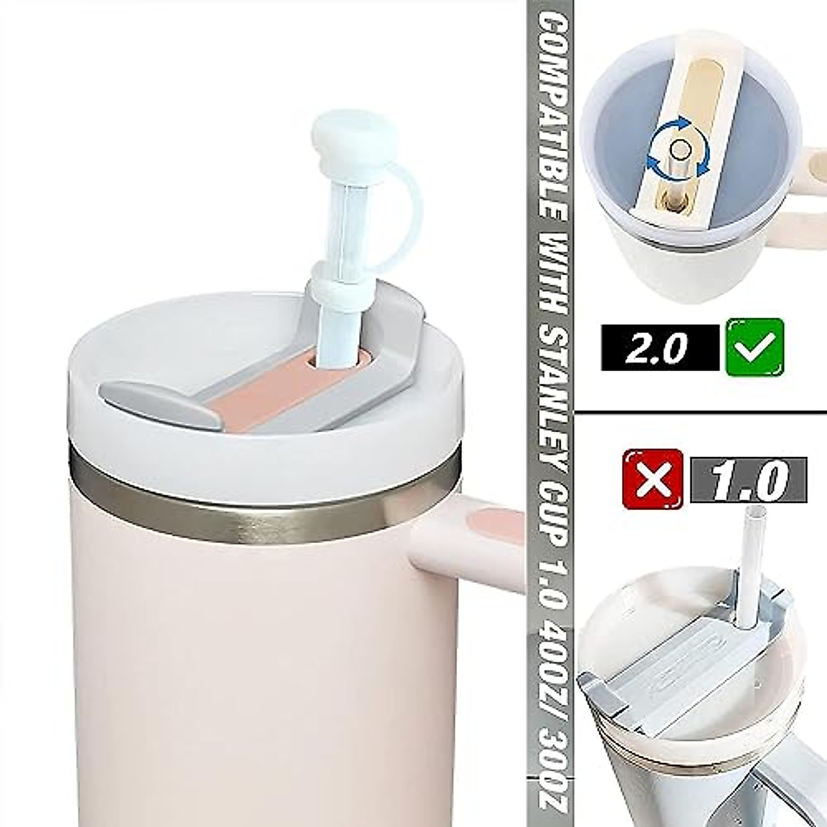 2 Pcs Stanley Lid Replacement 40 oz, H2.0 Stanley Spill Leak Stopper, 6Pcs Straw Cover for Stanley 40 Oz, Long Reusable Stanley Straw Accessories (PINK DUSK A)