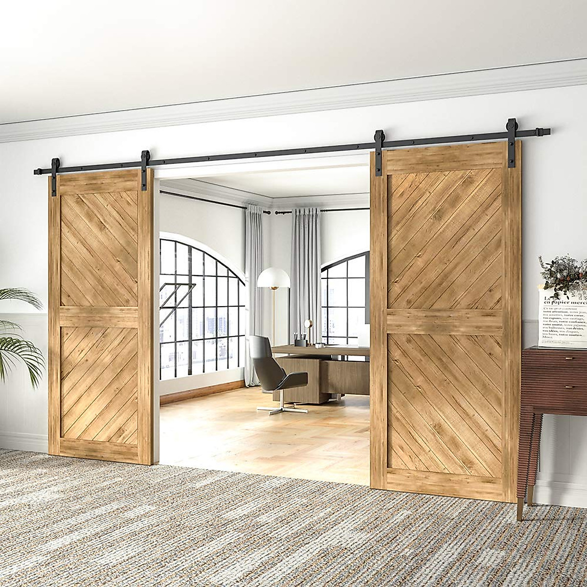 WINSOON 15FT Barn Door Hardware Kit: Double Sliding Door Hardware - Heavy Duty Black Barn Door Track Kit - Carbon Steel Sliding Barn Door Rail - J-Shape Easy to Install for 90" Closet Panel(No Door)