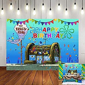 Cartoon Animation Spongebob Theme Photography Backdrop Children Happy 1st Birthday Party Decorations Banner The Krusty Krab Photo Background Vinyl 5x3ft Baby Shower Booth Studio Props